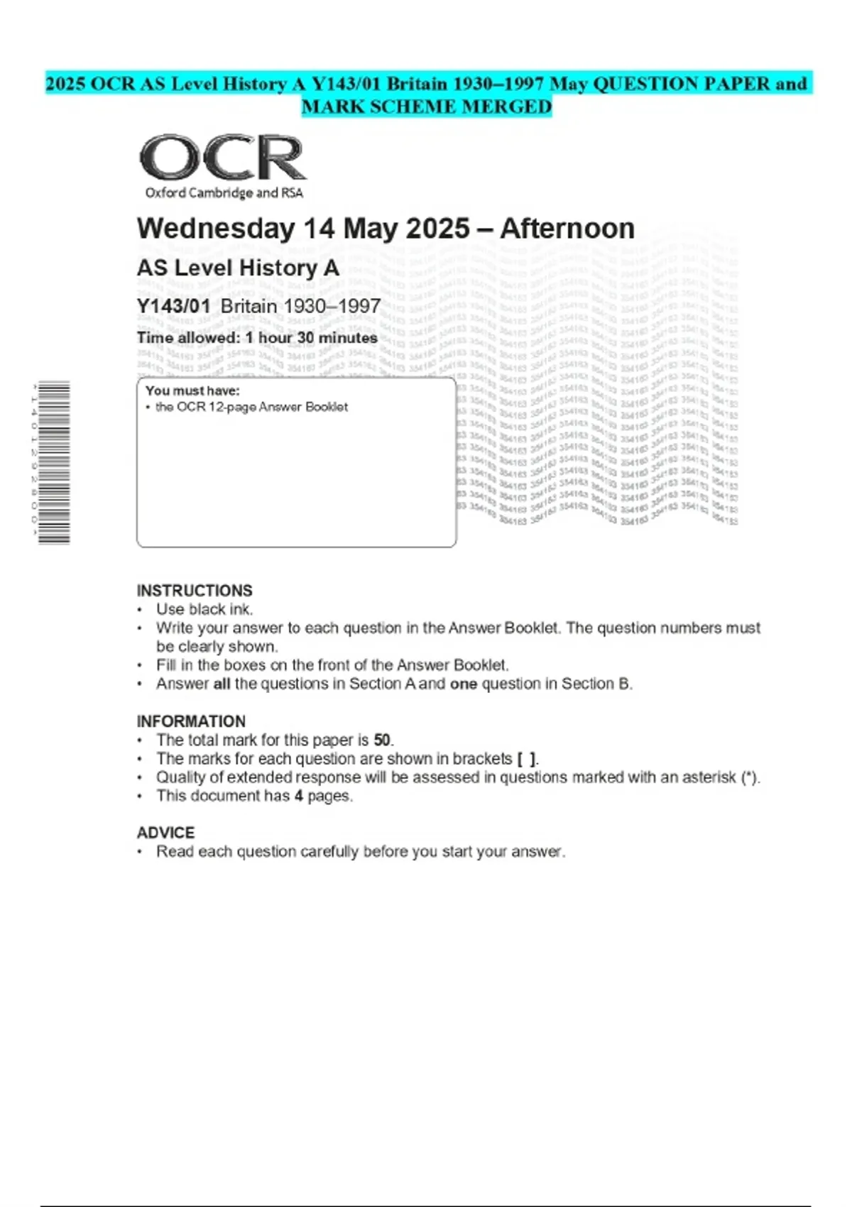 2025 OCR AS Level History A Y143/01 Britain 1930–1997 May QUESTION ...