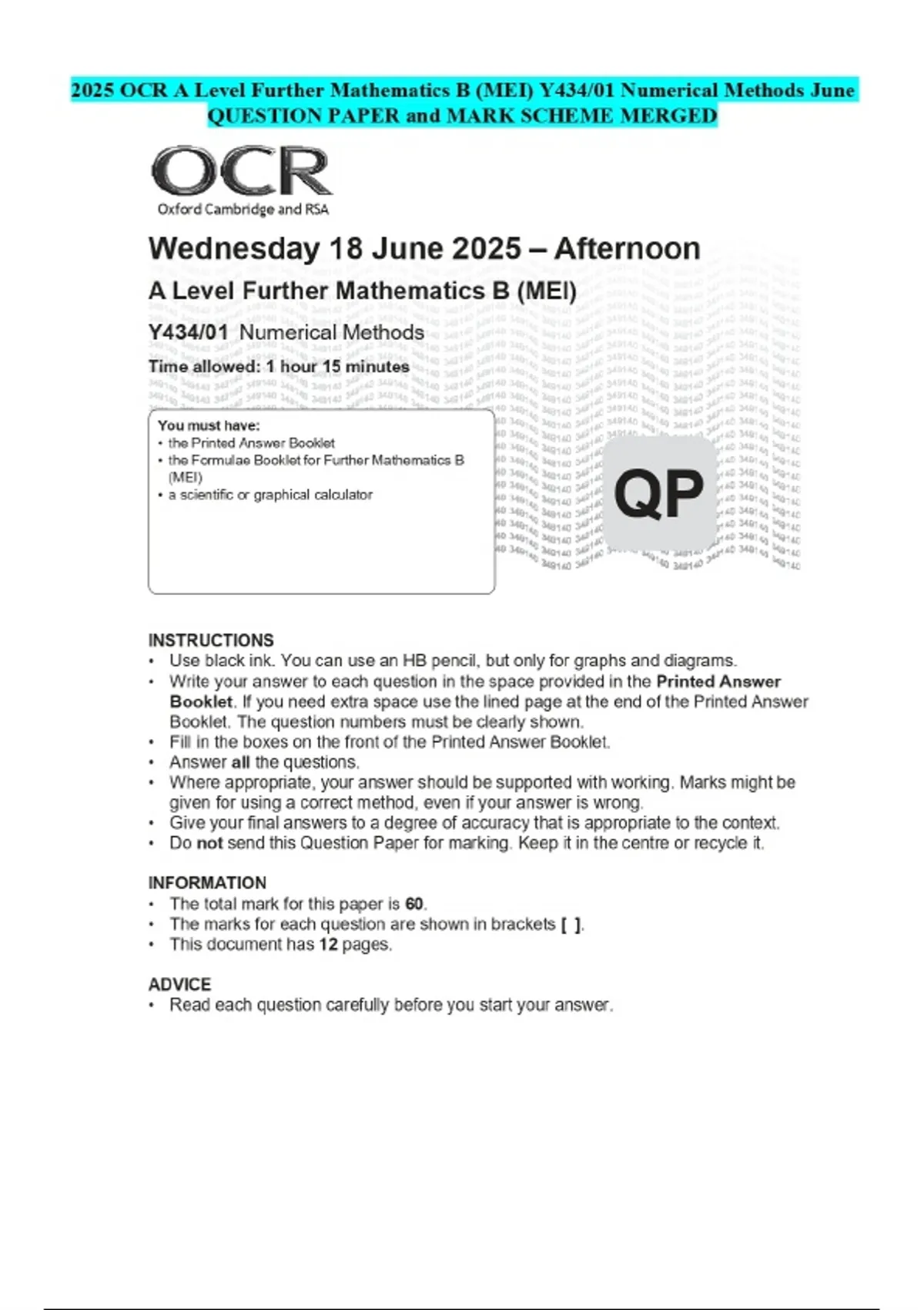 2025 OCR A Level Further Mathematics B (MEI) Y434/01 Numerical Methods ...