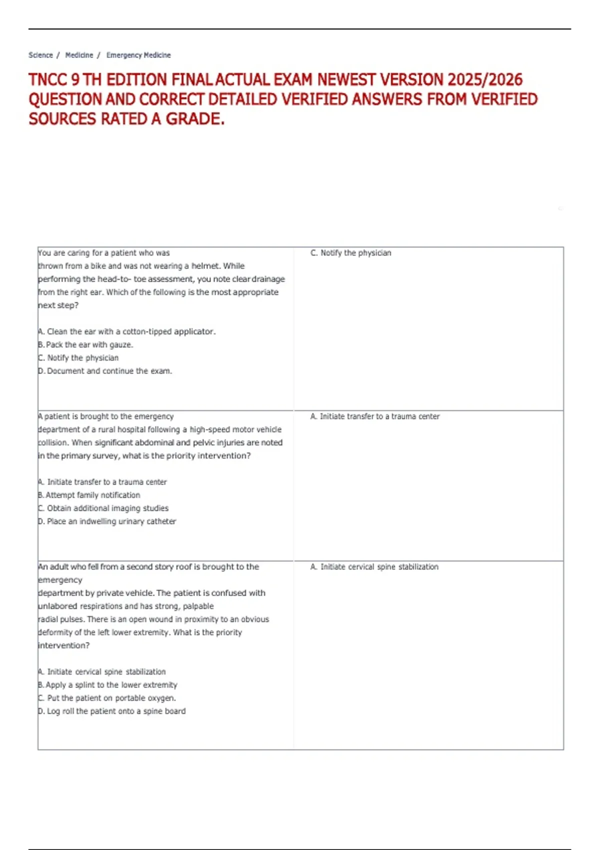 TNCC 9th Edition Final Exam 2025/2026 – Complete Exam Questions with ...