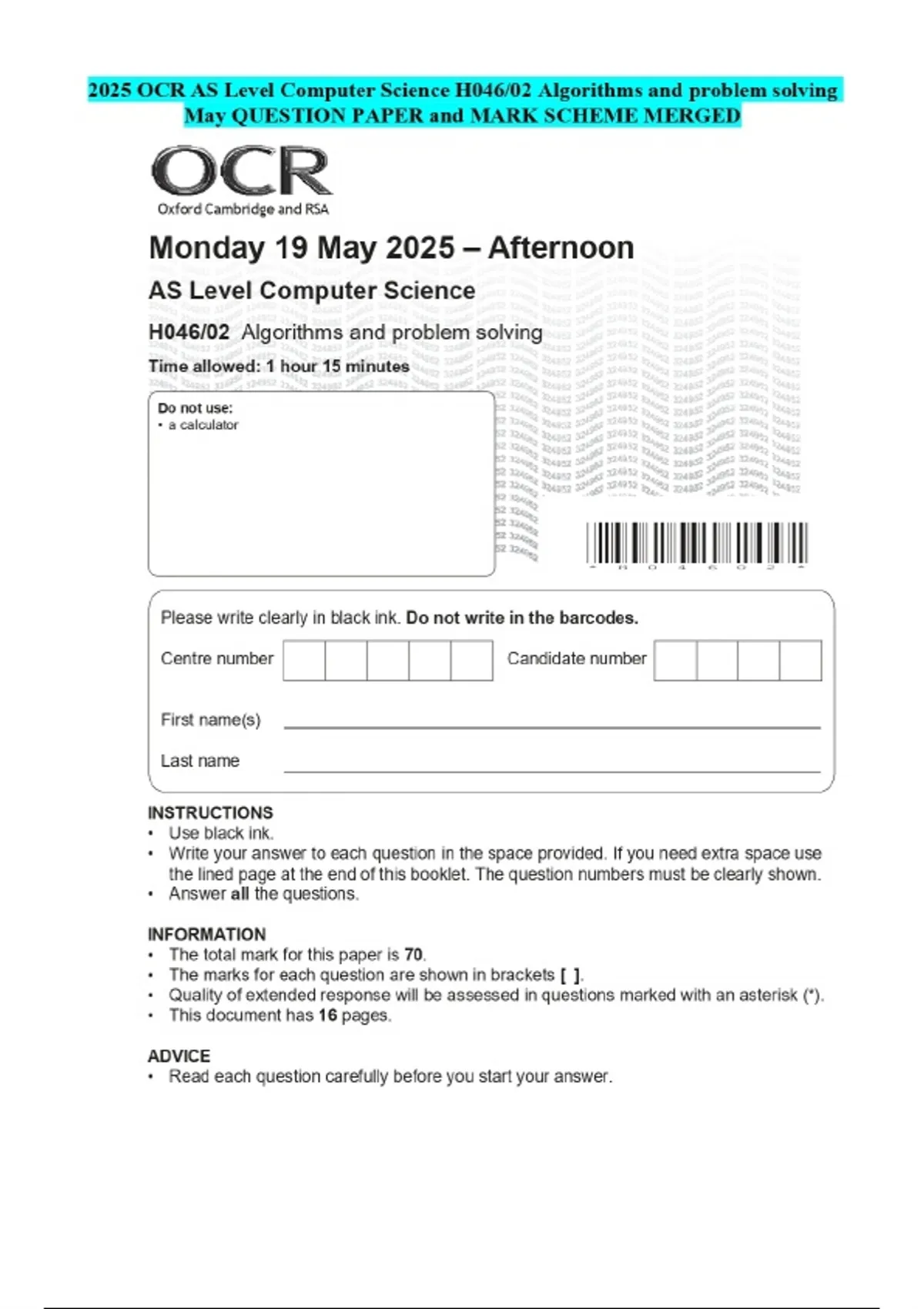 2025 OCR AS Level Computer Science H046/02 Algorithms and problem solving May QUESTION PAPER and ...