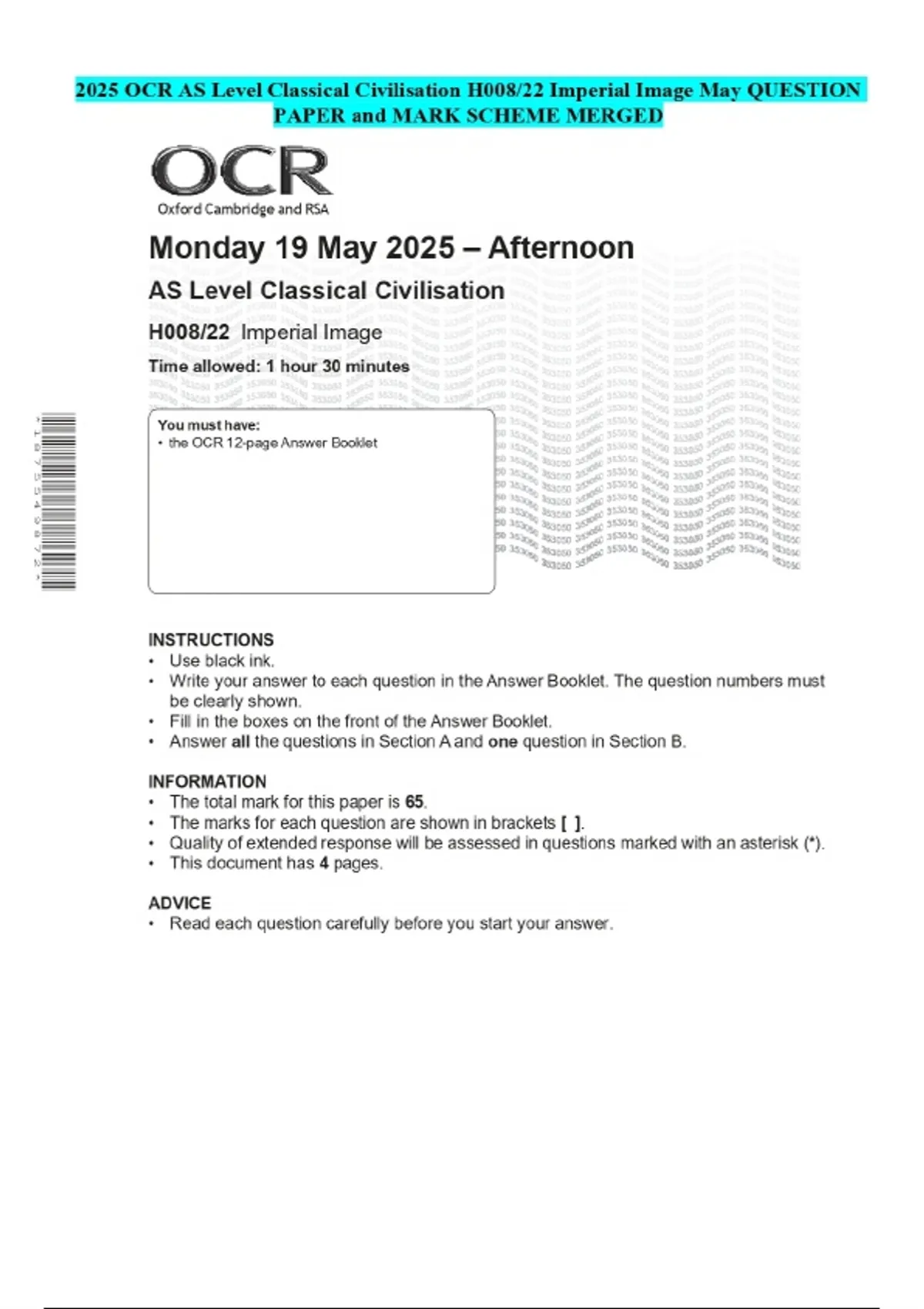 2025 OCR AS Level Classical Civilisation H008/22 Imperial Image May ...