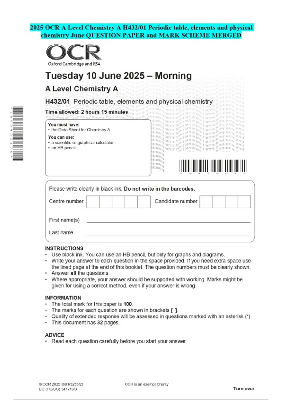 2025 OCR A Level Chemistry A H432/01 Periodic table, elements and ...
