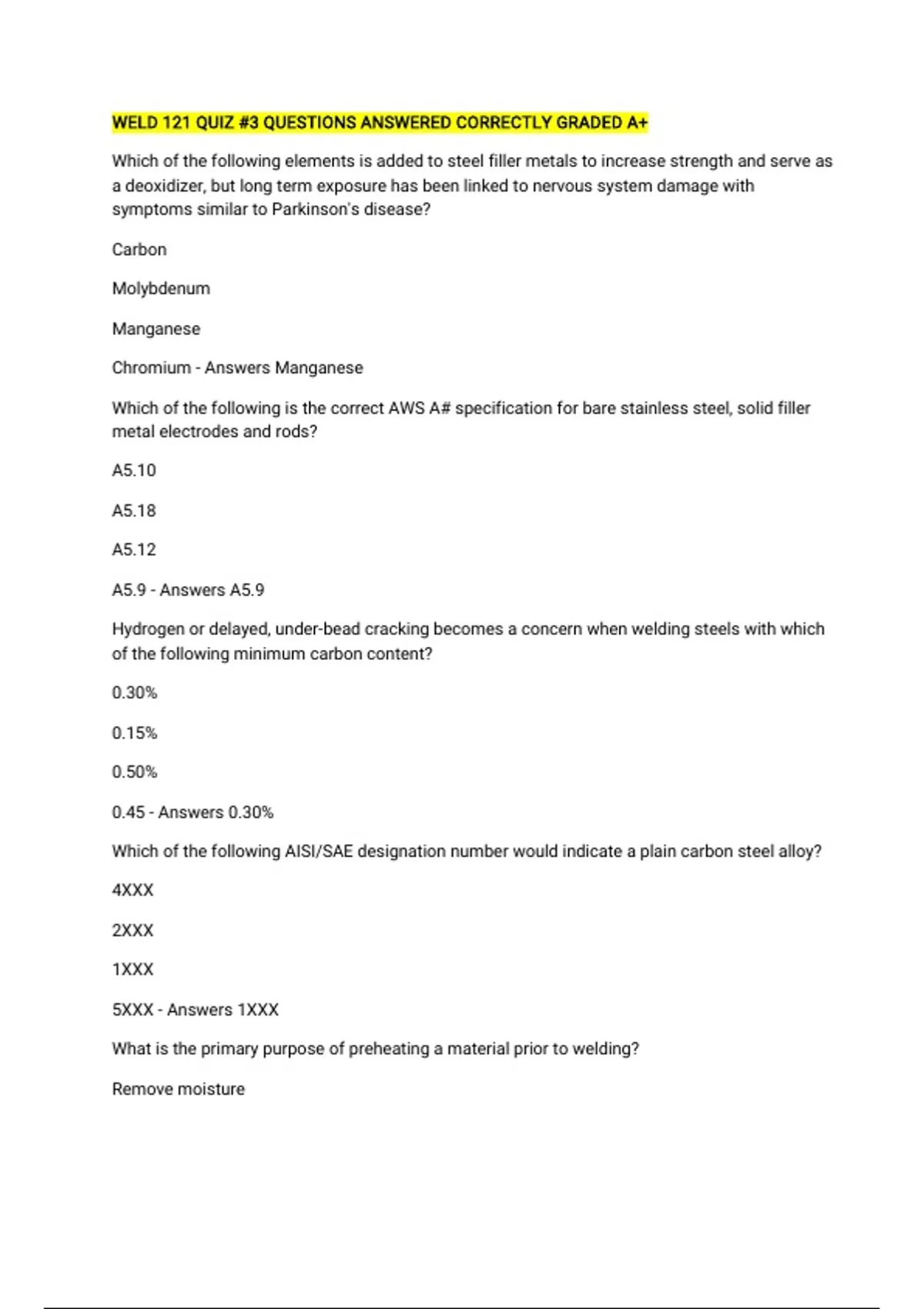 WELD 121 BUNDLED QUESTIONS ANSWERED CORRECTLY LATEST UPDATE 2025/2026 ...