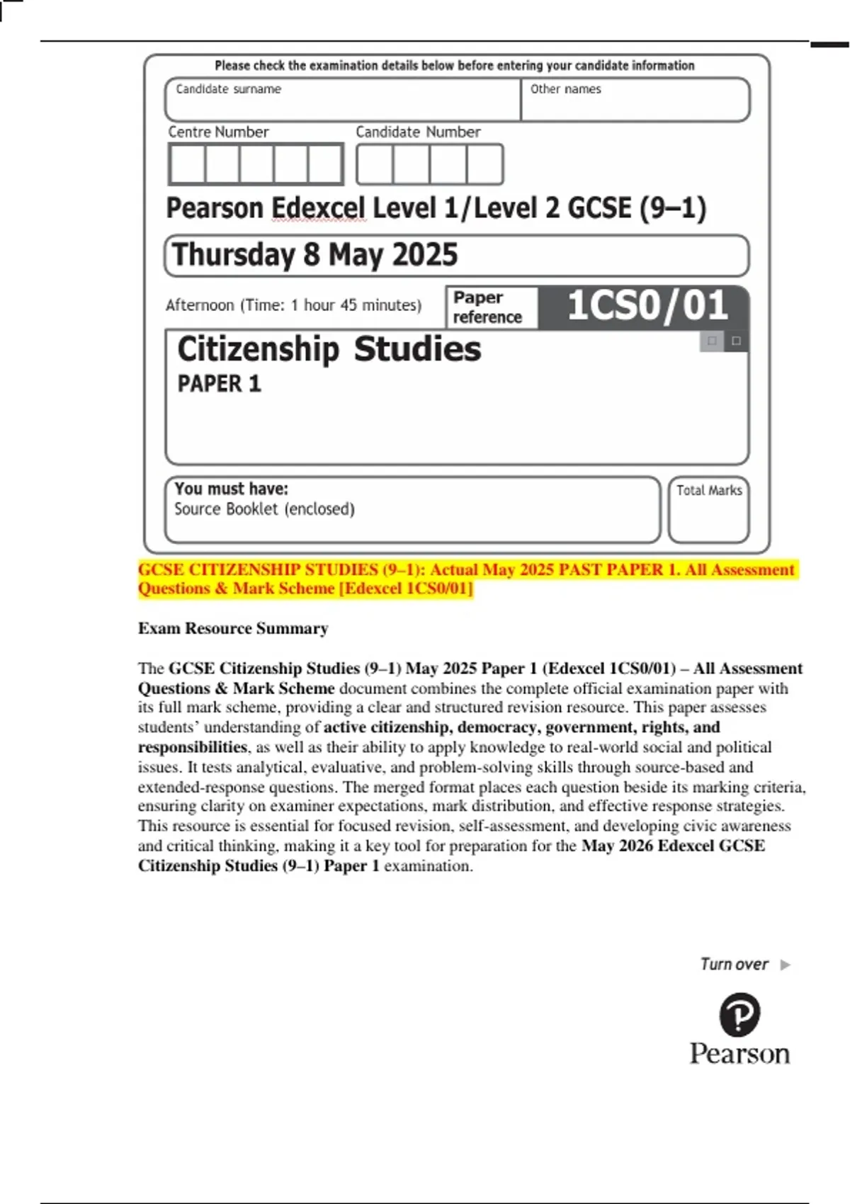 GCSE CITIZENSHIP STUDIES (9–1): Actual May 2025 PAST PAPER 1. All ...