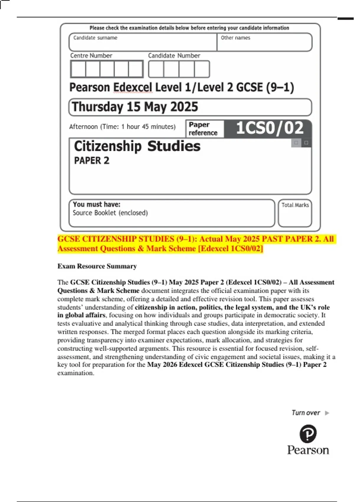 GCSE CITIZENSHIP STUDIES (9–1): Actual May 2025 PAST PAPER 2. All ...