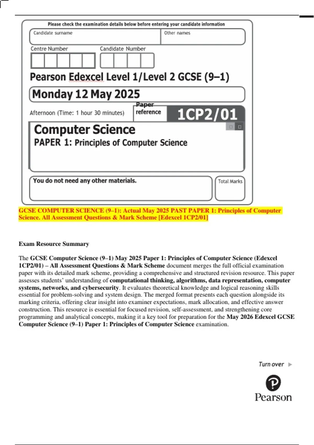 May 2025 Edexcel GCSE Computer Science (9–1) (1CP2) | Paper 1 & Paper 2 ...