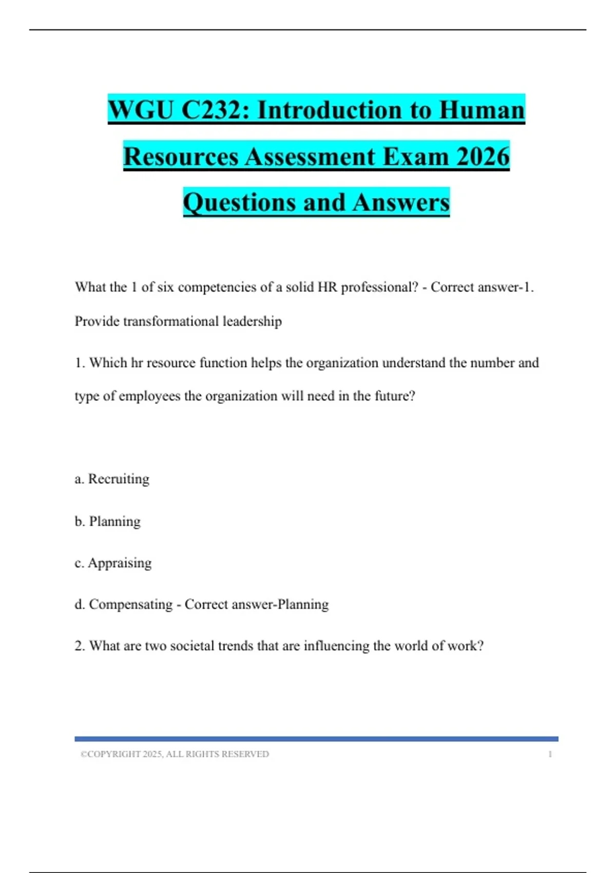 WGU C232: Introduction to Human Resources Assessment Exam 2026 ...