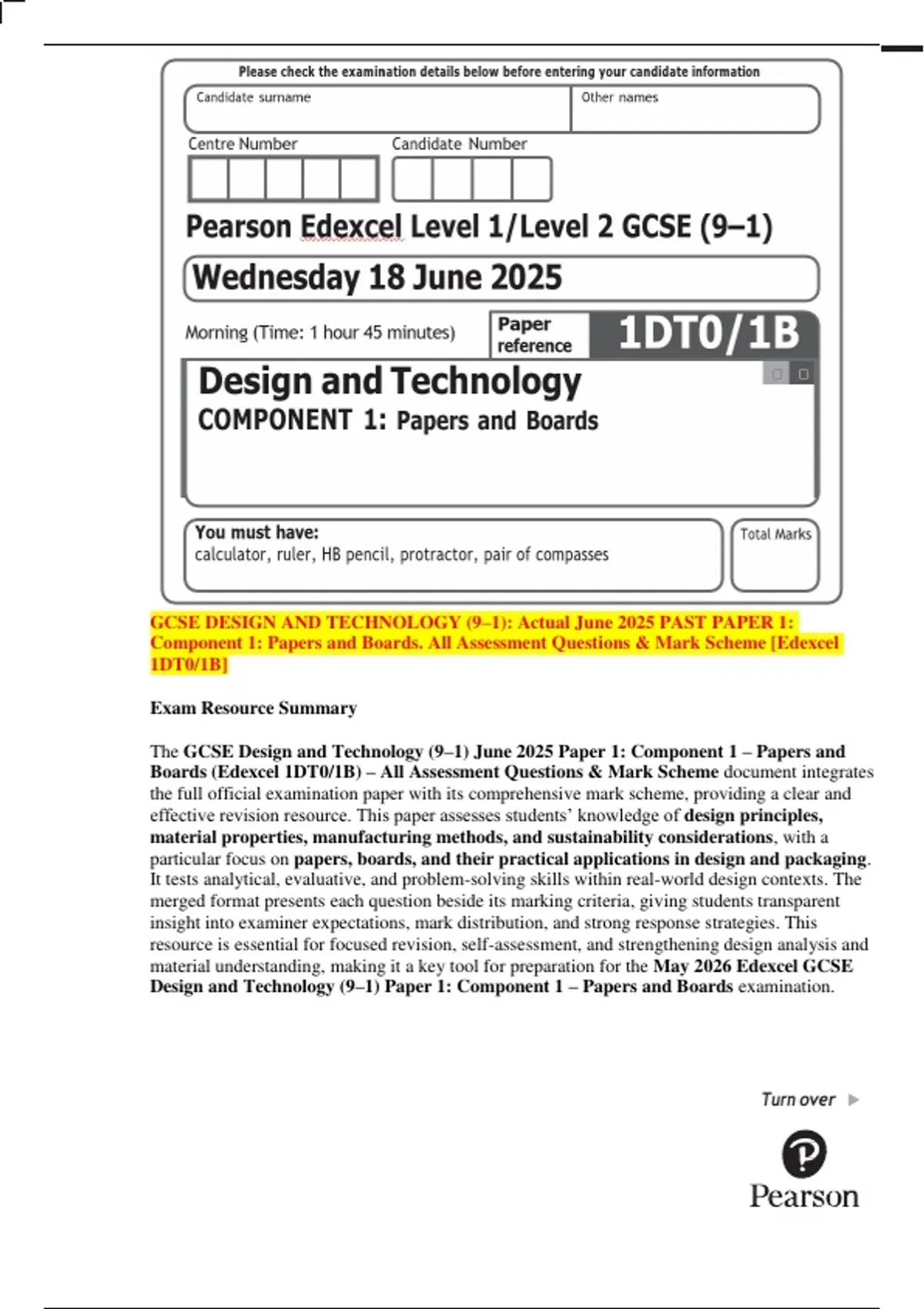 GCSE DESIGN AND TECHNOLOGY (9–1): Actual June 2025 PAST PAPER 1 ...