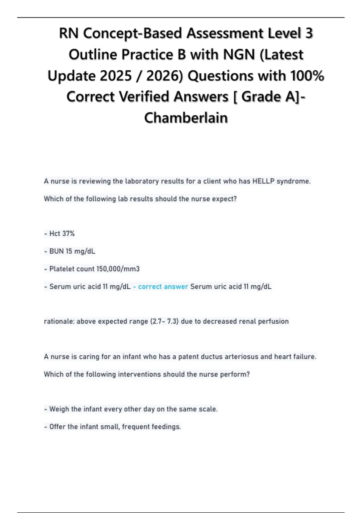 RN Concept-Based Assessment Level 3 Outline Practice B with NGN (Latest ...
