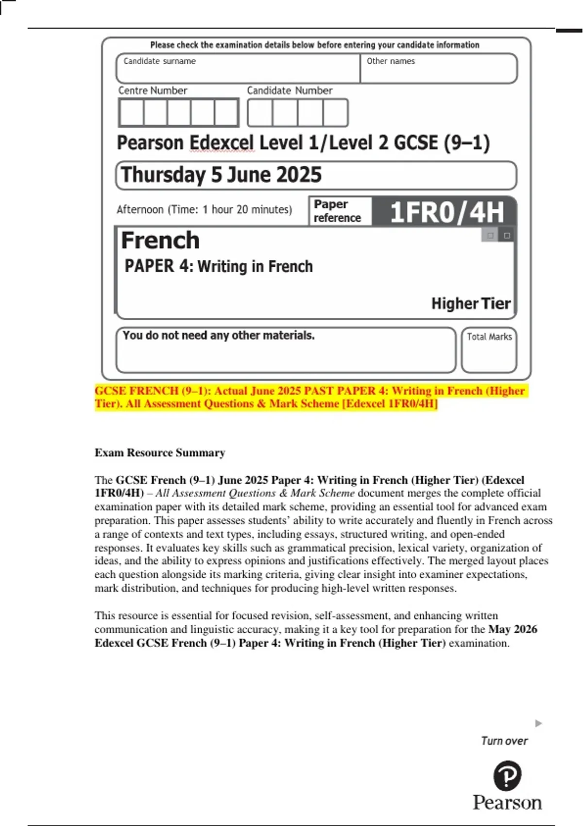 GCSE FRENCH (9–1): Actual June 2025 PAST PAPER 4: Writing in French ...