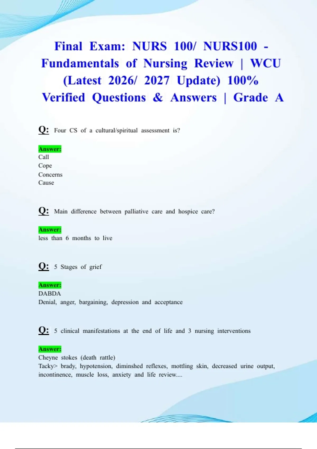 Final Exam: NURS 100/ NURS100 - Fundamentals of Nursing Review | WCU ...