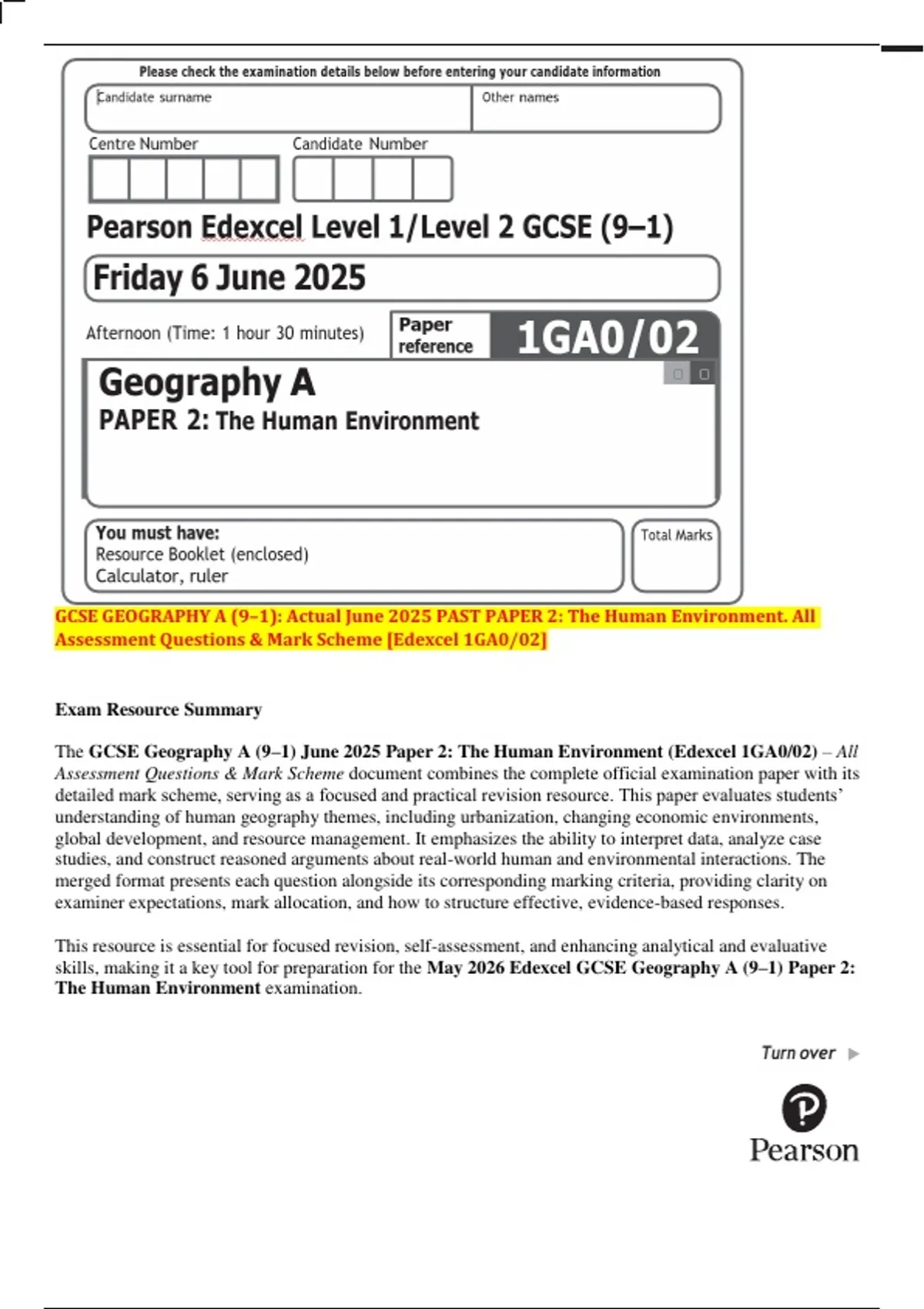 GCSE GEOGRAPHY A (9–1): Actual June 2025 PAST PAPER 2: The Human ...