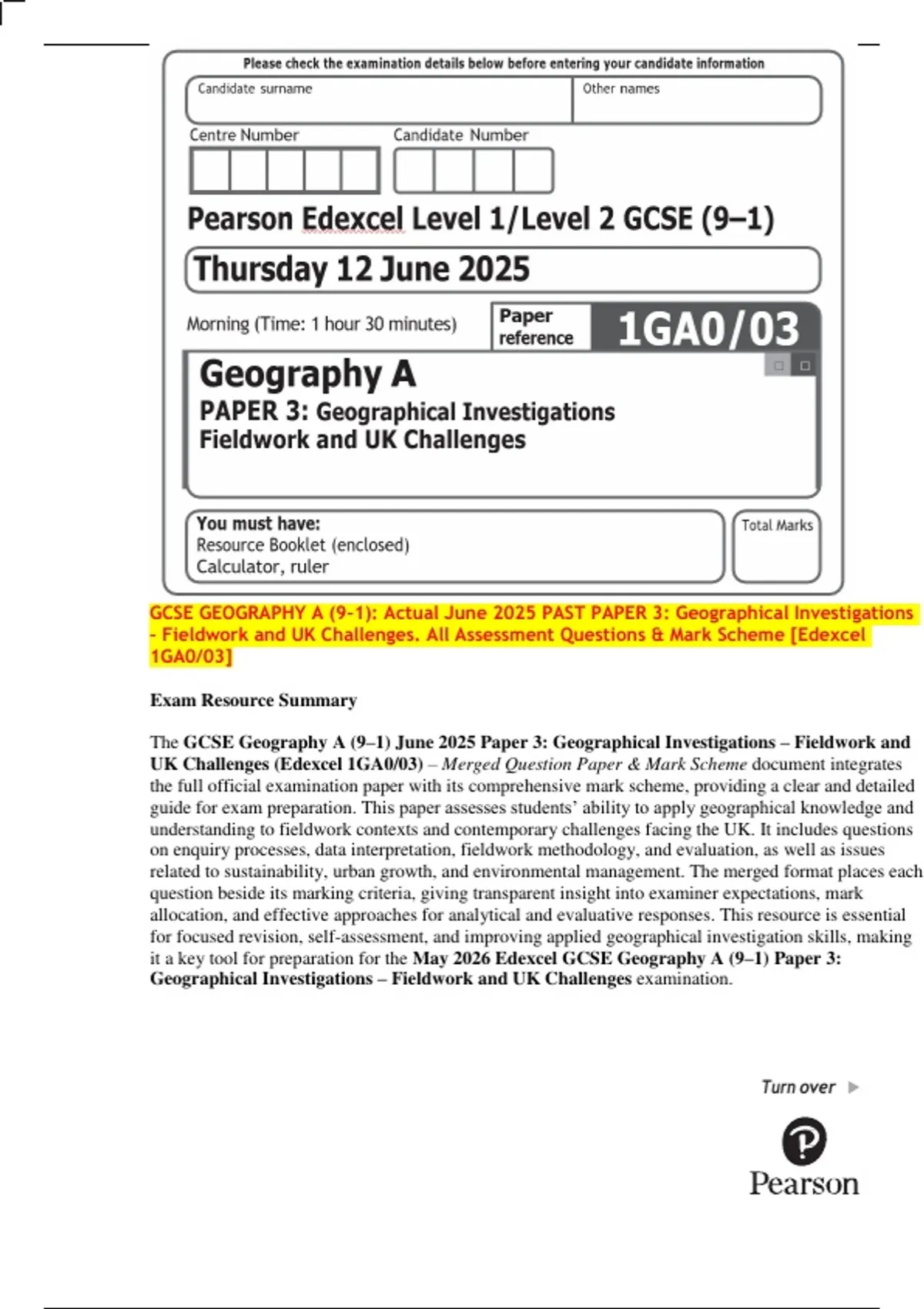 GCSE GEOGRAPHY A (9–1): Actual June 2025 PAST PAPER 3: Geographical ...