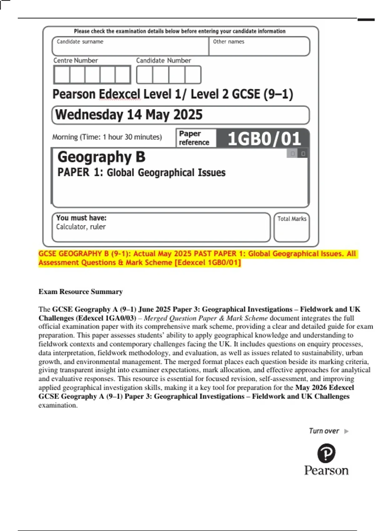 GCSE GEOGRAPHY B (9–1): Actual May 2025 PAST PAPER 1: Global ...