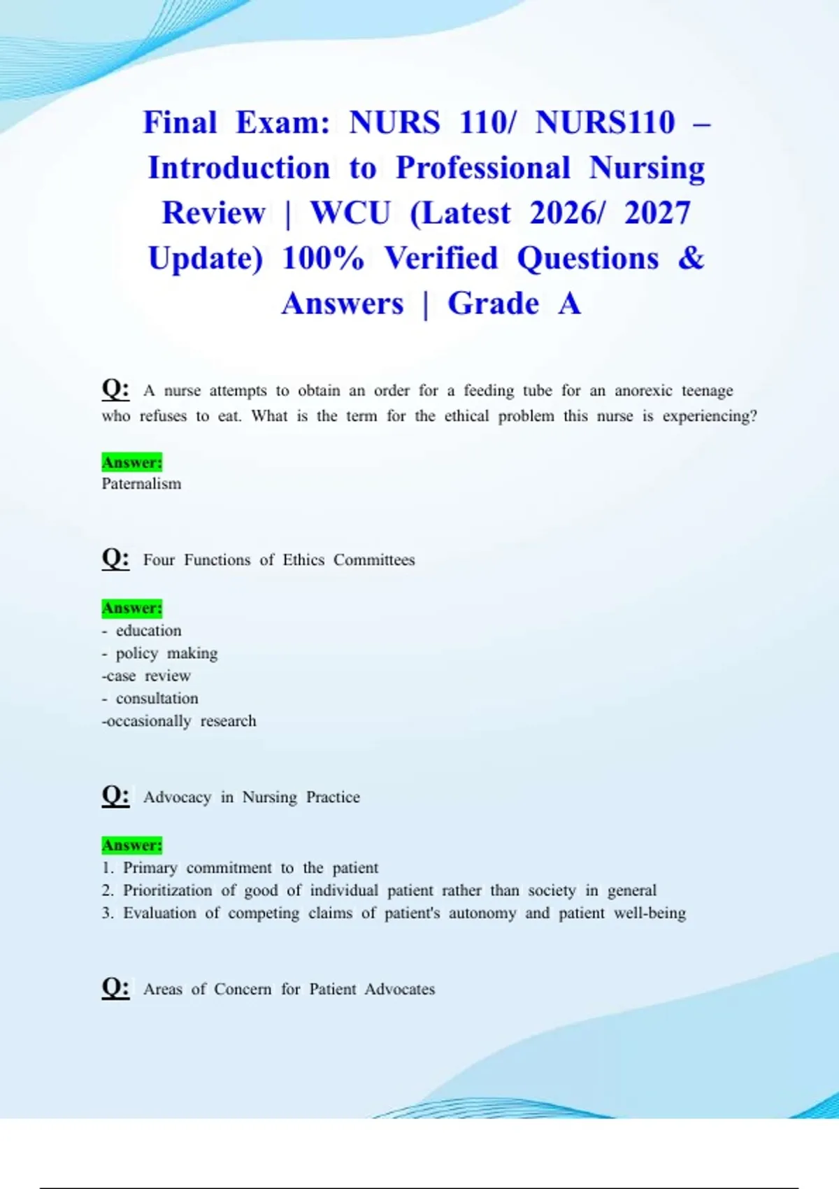 Final Exam: NURS 110/ NURS110 – Introduction to Professional Nursing ...