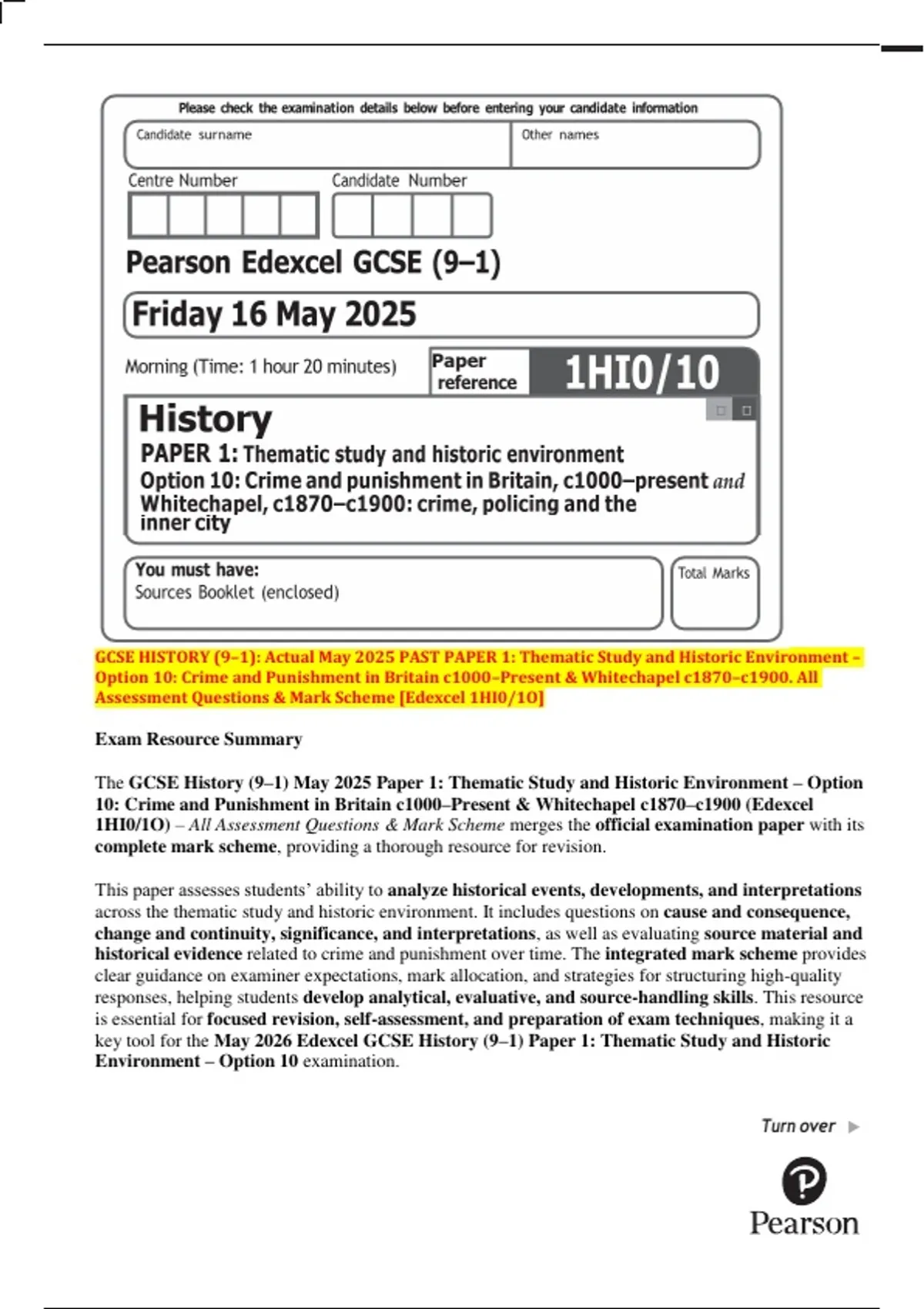 GCSE HISTORY (9–1): Actual May 2025 PAST PAPER 1: Thematic Study and ...
