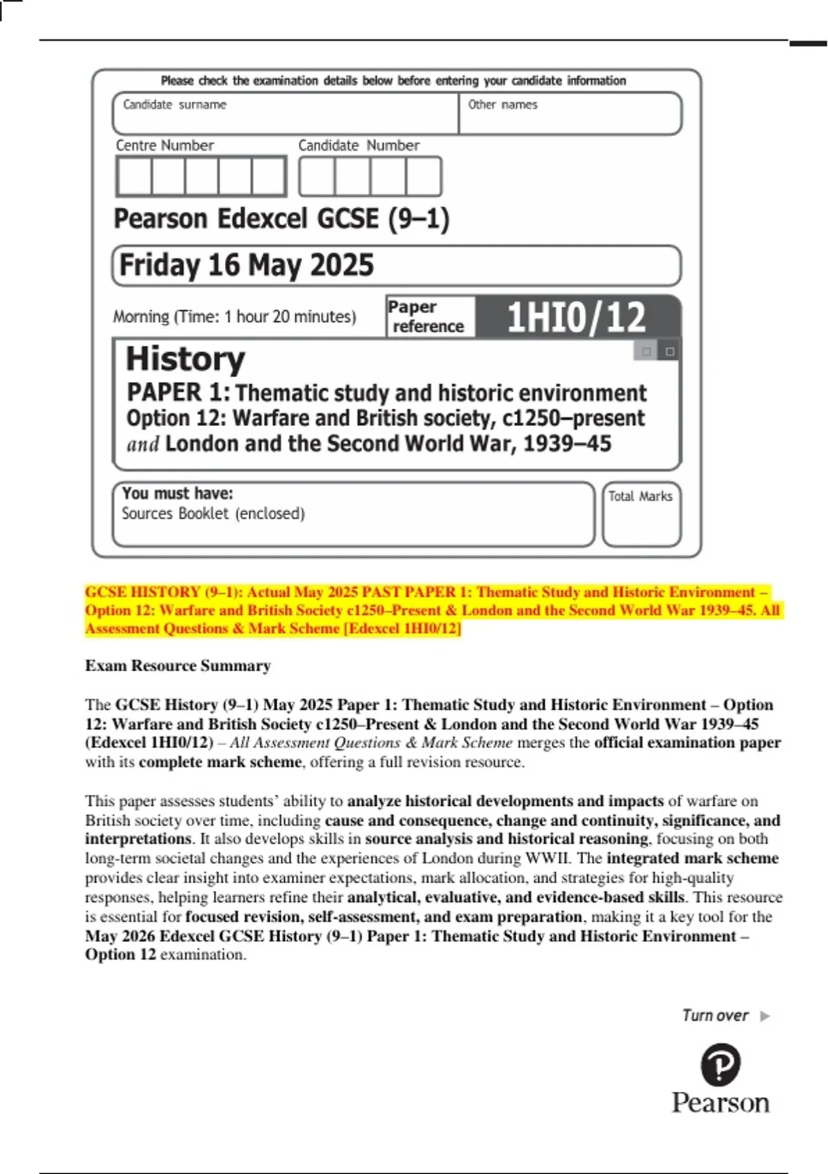 GCSE HISTORY (9–1): Actual May 2025 PAST PAPER 1: Thematic Study and ...