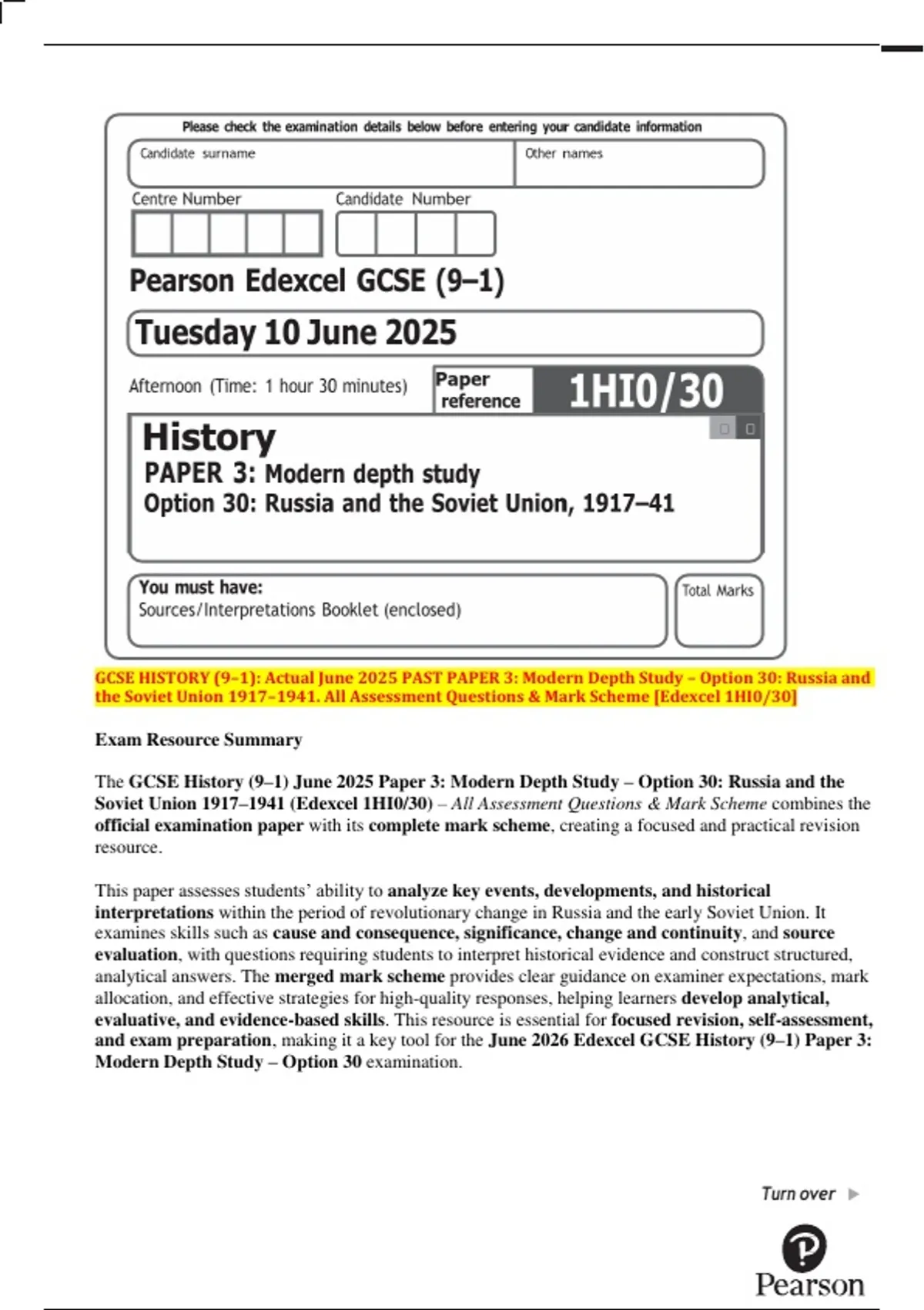 GCSE HISTORY (9–1): Actual June 2025 PAST PAPER 3: Modern Depth Study ...