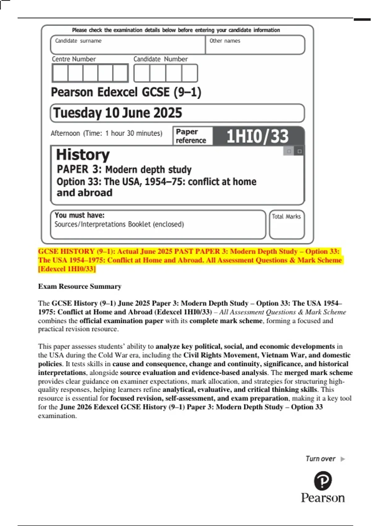 GCSE HISTORY (9–1): Actual June 2025 PAST PAPER 3: Modern Depth Study ...