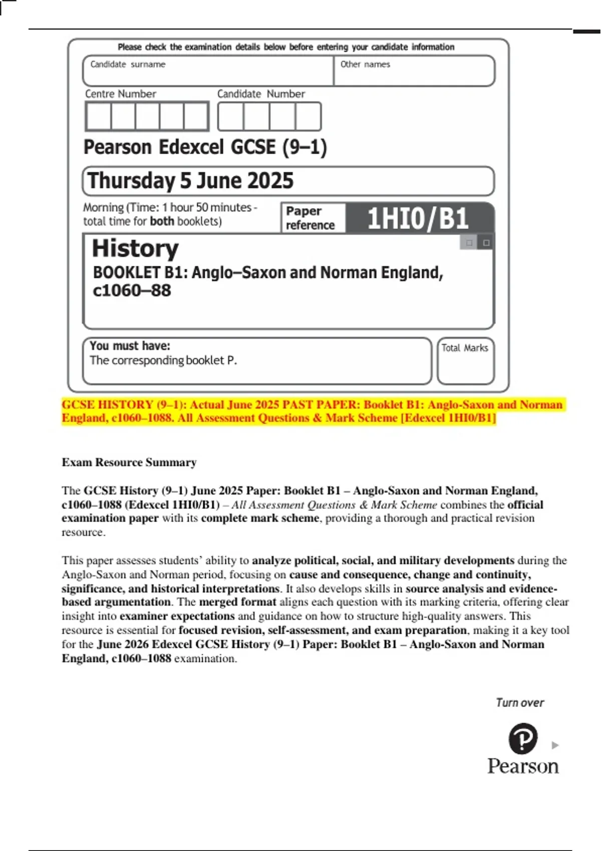 GCSE HISTORY (9–1): Actual June 2025 PAST PAPER: Booklet B1: Anglo ...