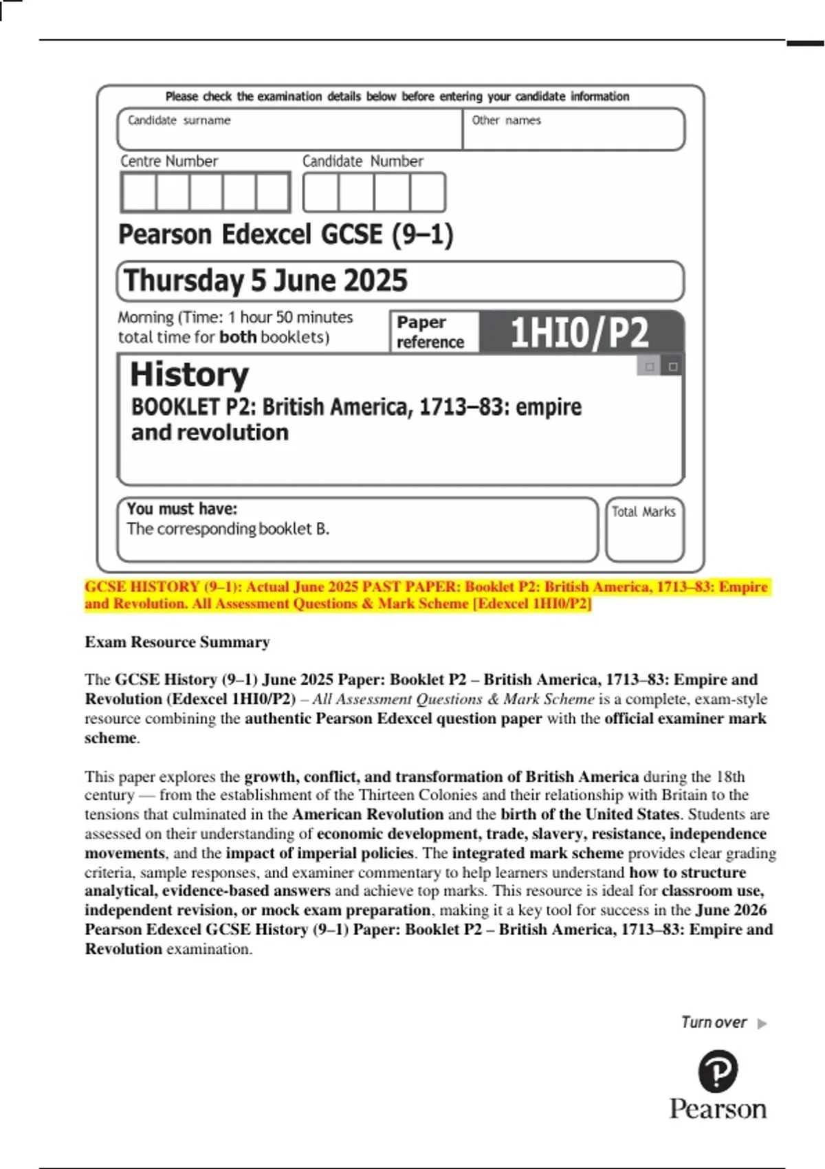 GCSE HISTORY (9–1): Actual June 2025 PAST PAPER: Booklet P2: British ...
