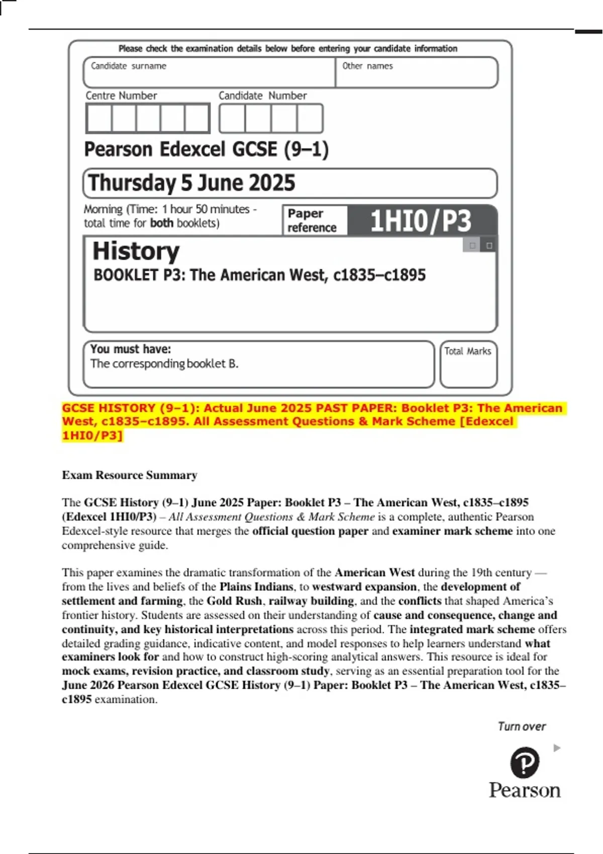 GCSE HISTORY (9–1): Actual June 2025 PAST PAPER: Booklet P3: The ...