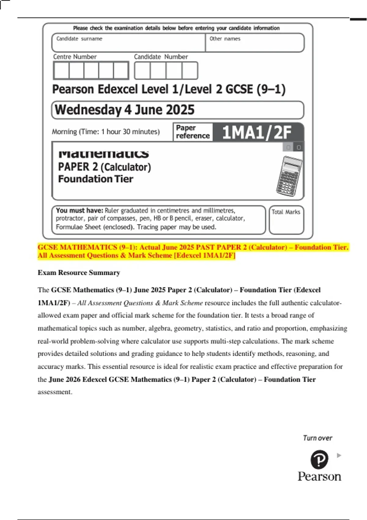 GCSE MATHEMATICS (9–1): Actual June 2025 PAST PAPER 2 (Calculator ...