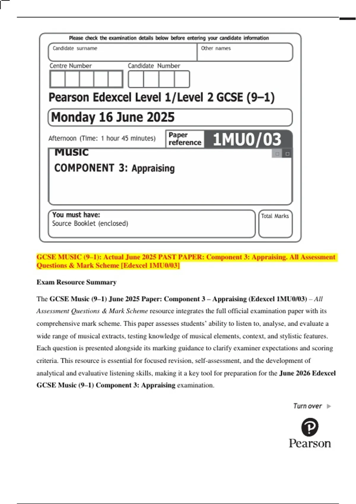 GCSE MUSIC (9–1): Actual June 2025 PAST PAPER: Component 3: Appraising ...