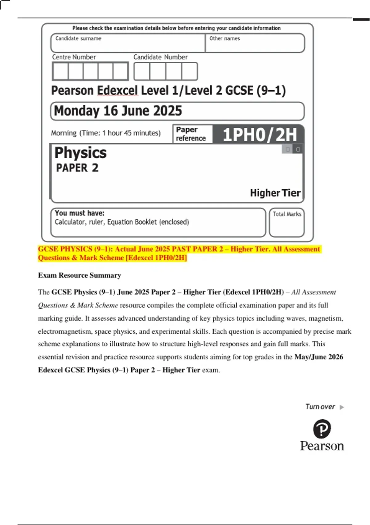 GCSE PHYSICS (9–1): Actual June 2025 PAST PAPER 2 – Higher Tier. All ...