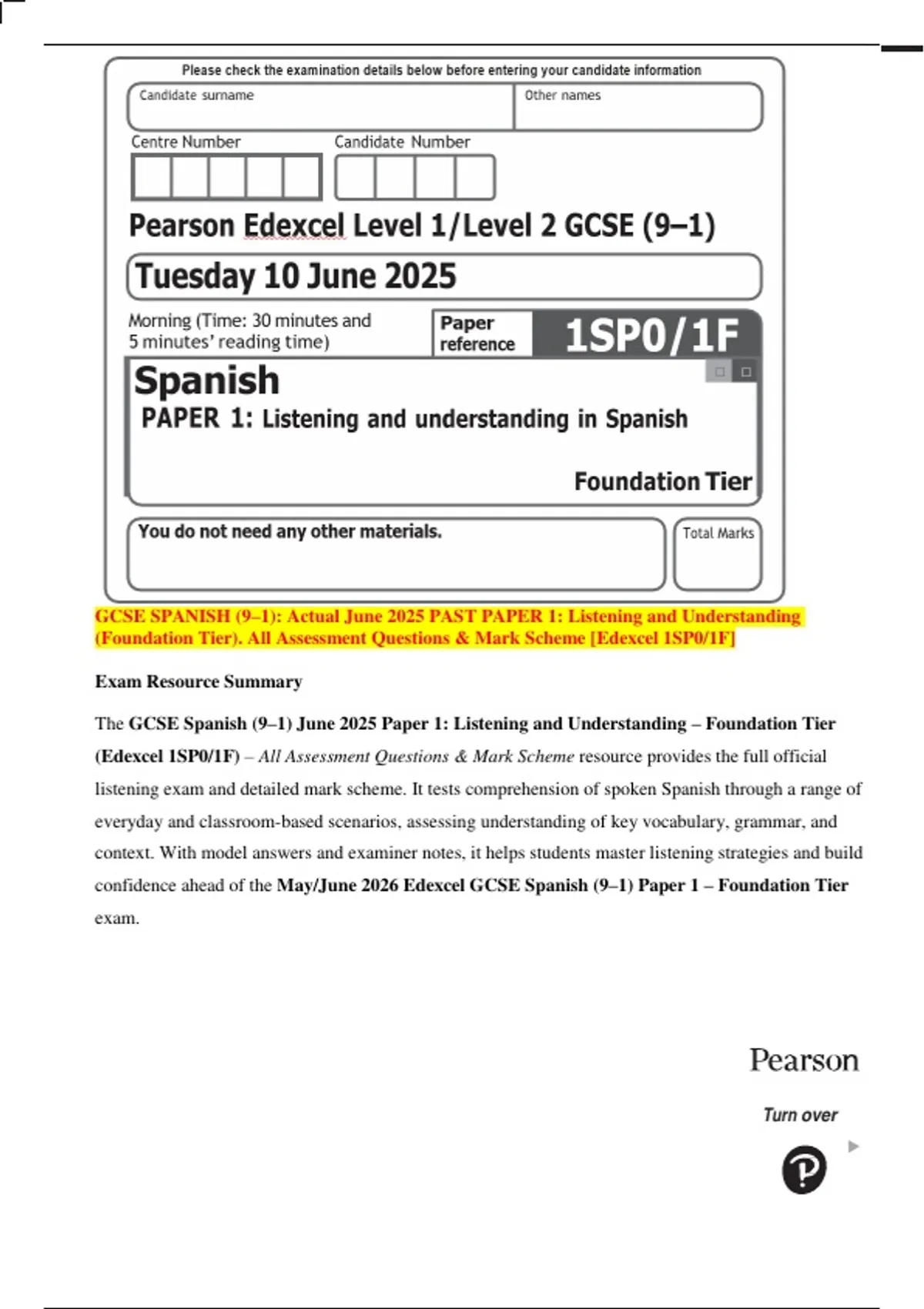 GCSE SPANISH (9–1): Actual June 2025 PAST PAPER 1: Listening and ...