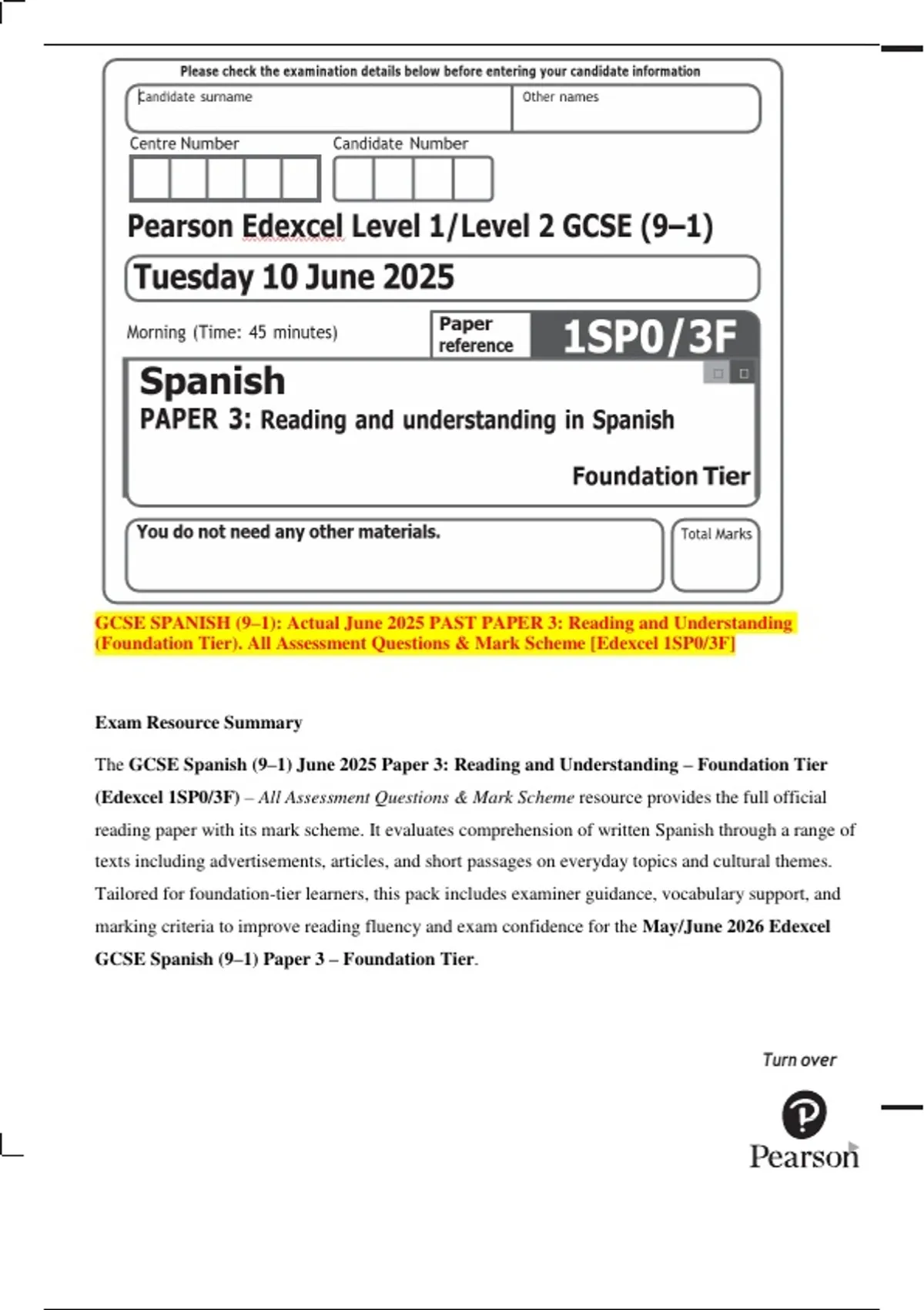 GCSE SPANISH (9–1): Actual June 2025 PAST PAPER 3: Reading and ...