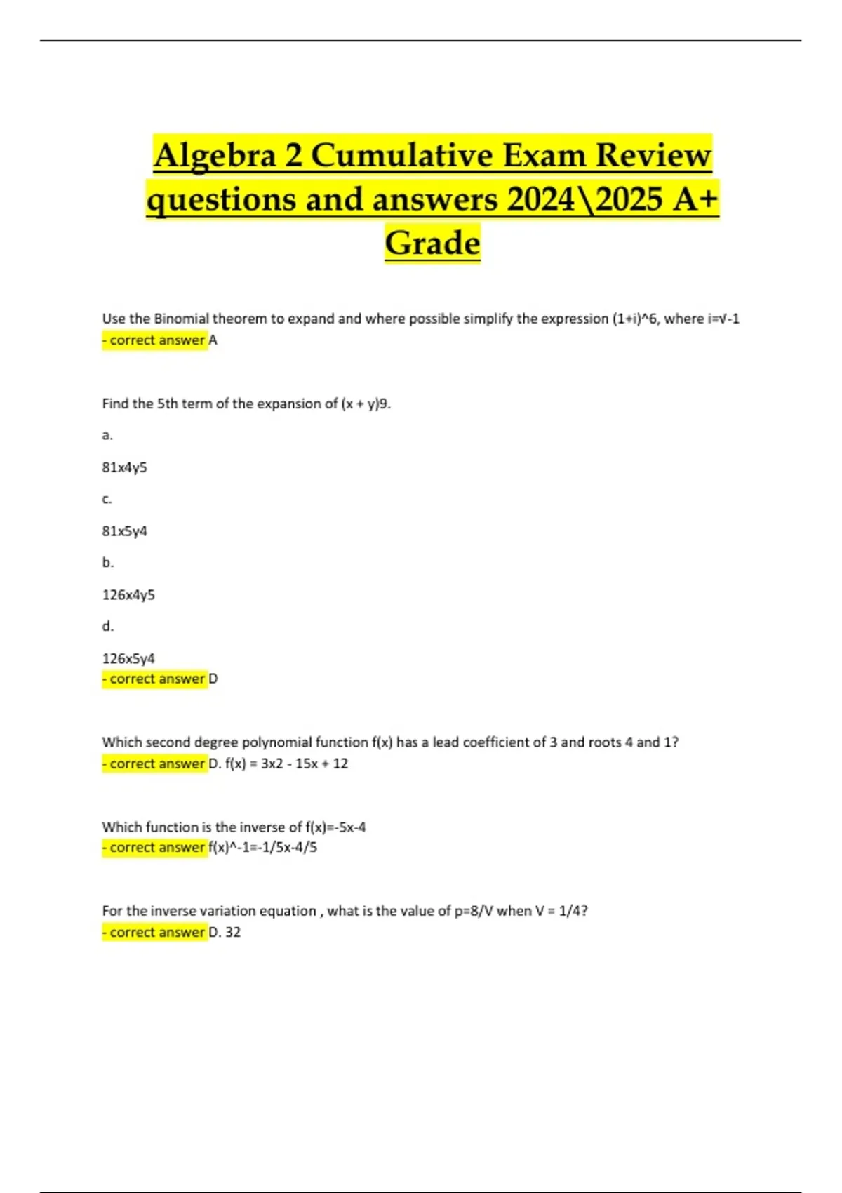 Algebra 2 Cumulative Exam Questions & Complete Solutions (2024/2025 ...