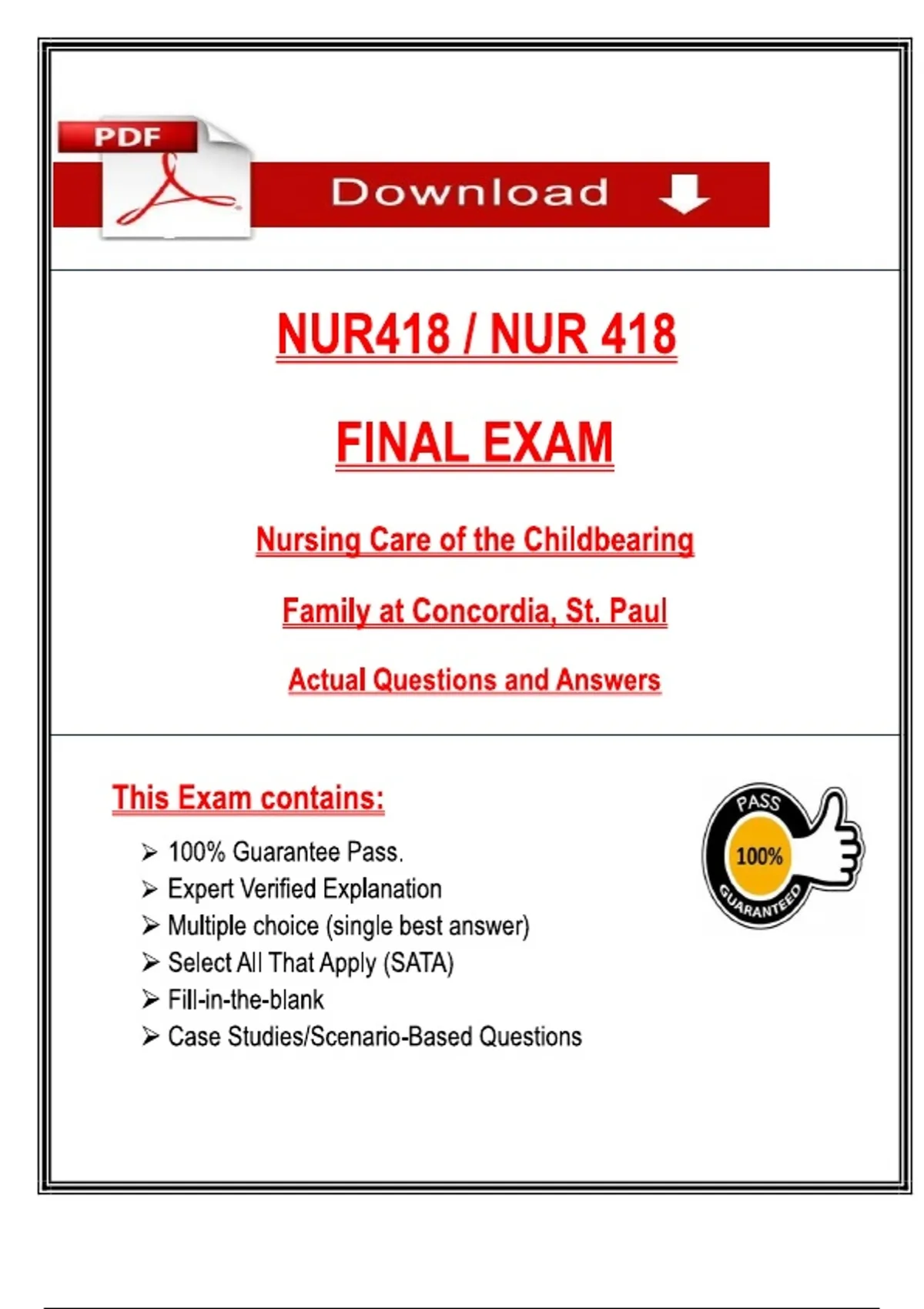 NUR 418 Final Exam – Nursing Care of the Childbearing Family (Concordia ...
