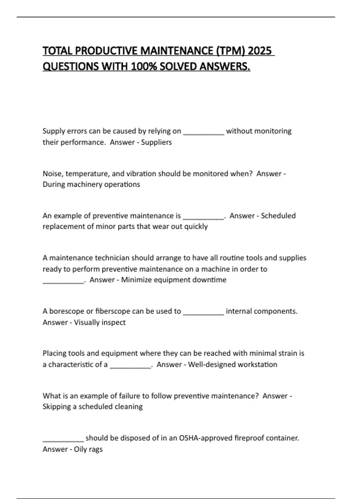 TOTAL PRODUCTIVE MAINTENANCE (TPM) 2025 QUESTIONS WITH 100% SOLVED ...
