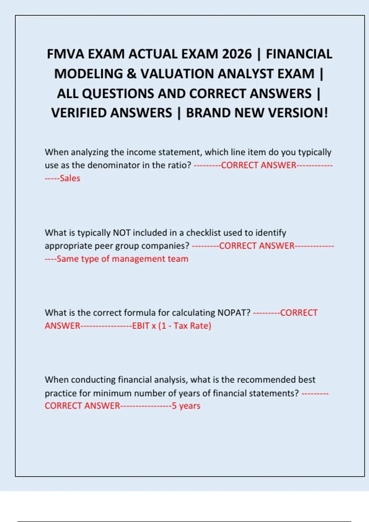 FMVA EXAM ACTUAL EXAM 2026 | FINANCIAL MODELING & VALUATION ANALYST ...