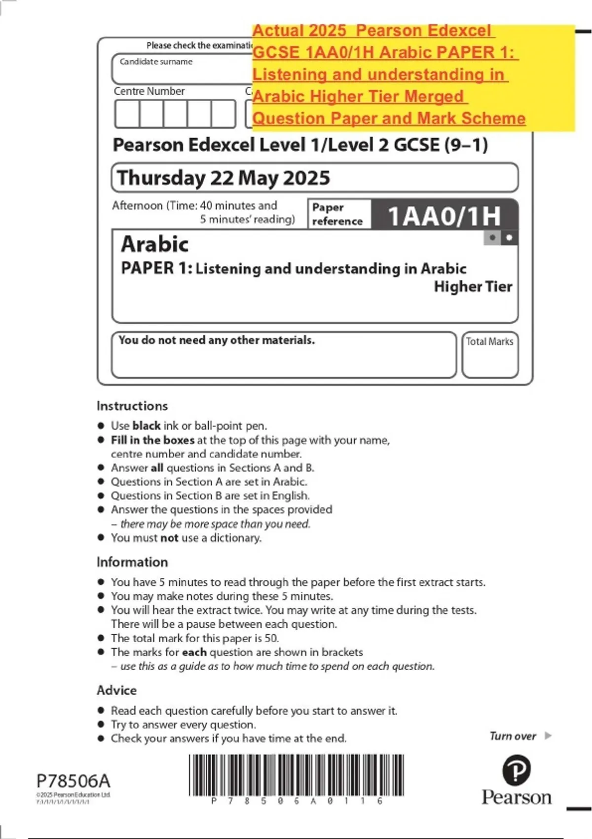 Actual 2025 Pearson Edexcel GCSE Arabic 1AA0/3F : Reading and ...