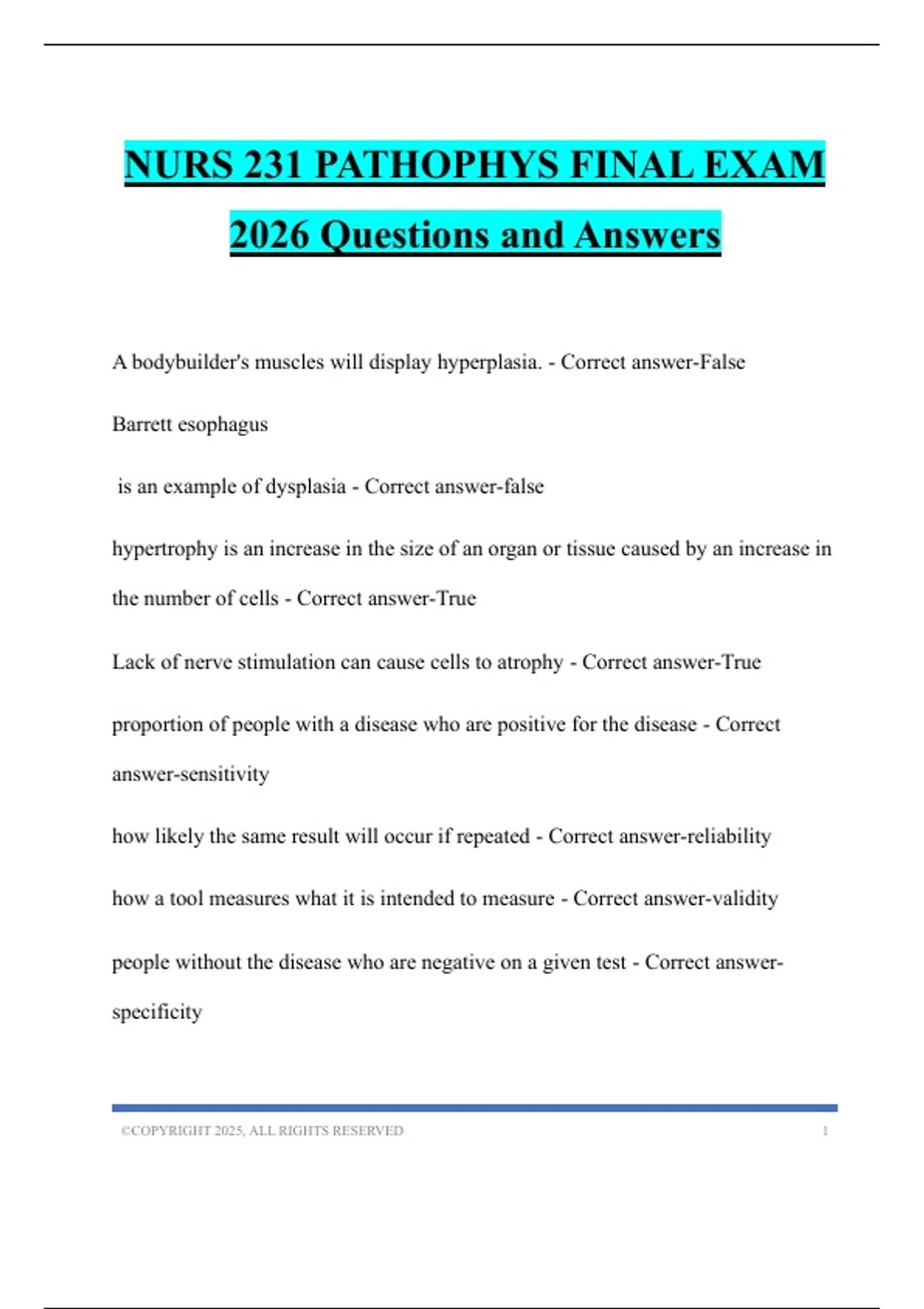 NURS 231 PATHOPHYS FINAL EXAM 2026 Questions and Answer - NURS 231 ...