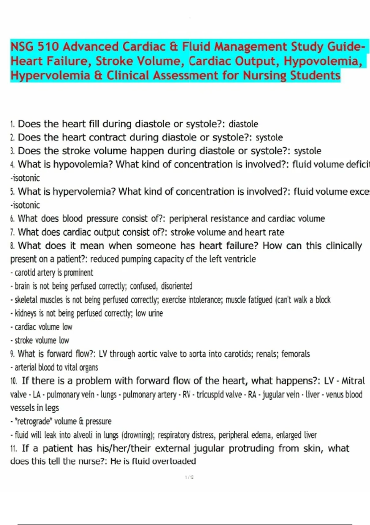 NSG 510 Advanced Cardiac & Fluid Management Study Guide- Heart Failure ...