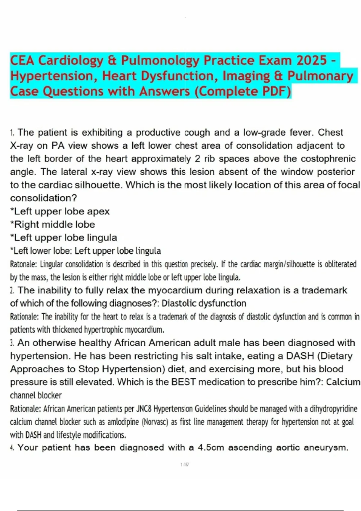 CEA Cardiology & Pulmonology Practice Exam 2025 – Hypertension, Heart ...