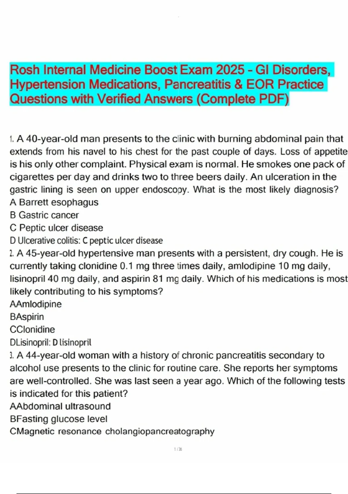 Rosh Internal Medicine Boost Exam 2025 – GI Disorders, Hypertension ...