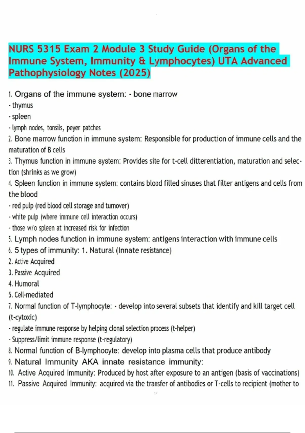 NURS 5315 Exam 2 Module 3 Study Guide (Organs of the Immune System ...