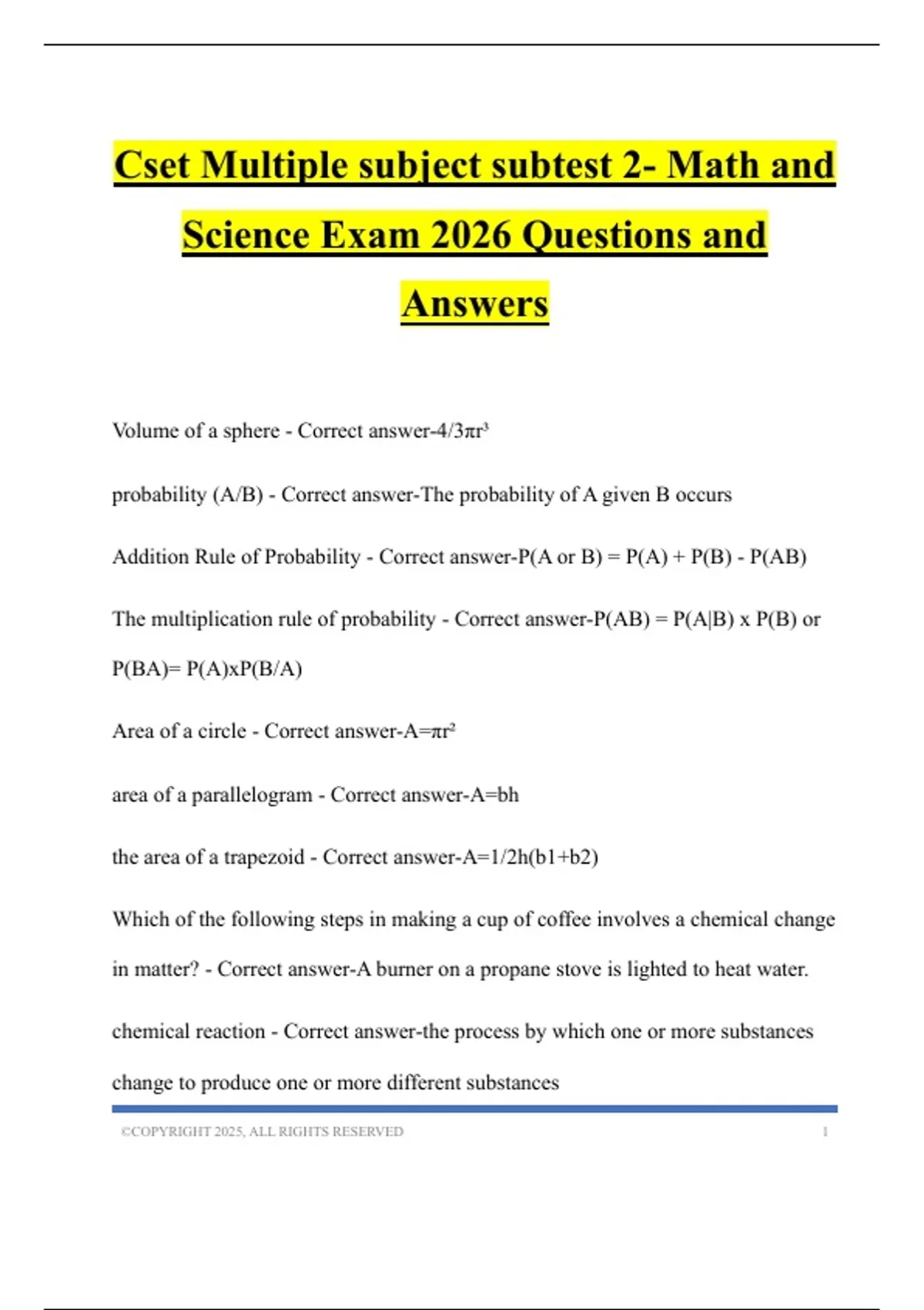 Cset Multiple subject subtest 2- Math and Science Exam 2026 Questions ...