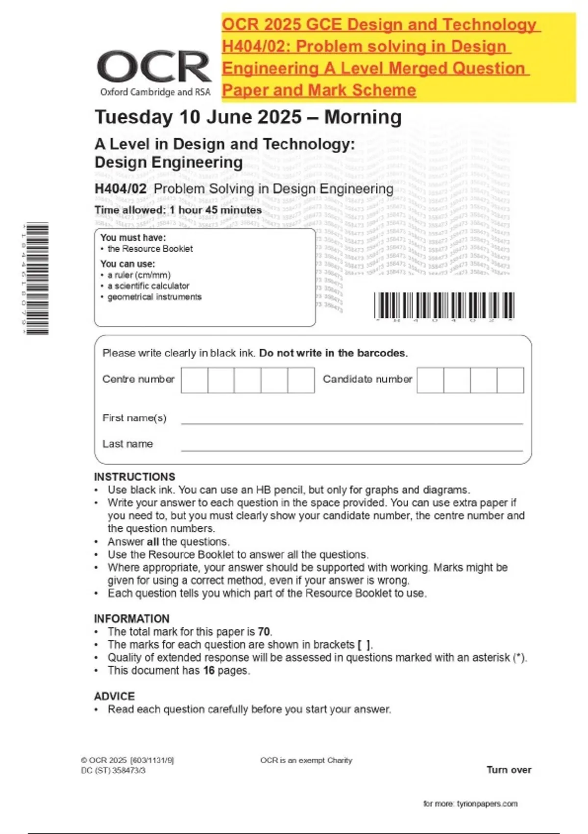OCR 2025 GCE Design and Technology H404/02: Problem solving in ...