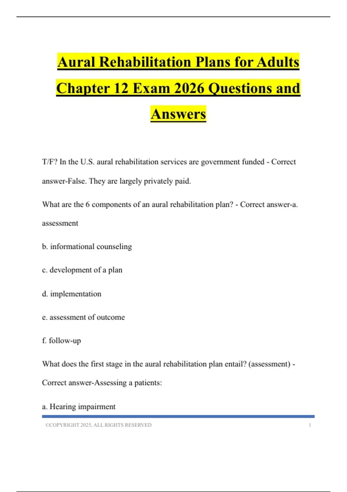 Aural Rehabilitation Plans for Adults Chapter 12 Exam 2026 Questions ...