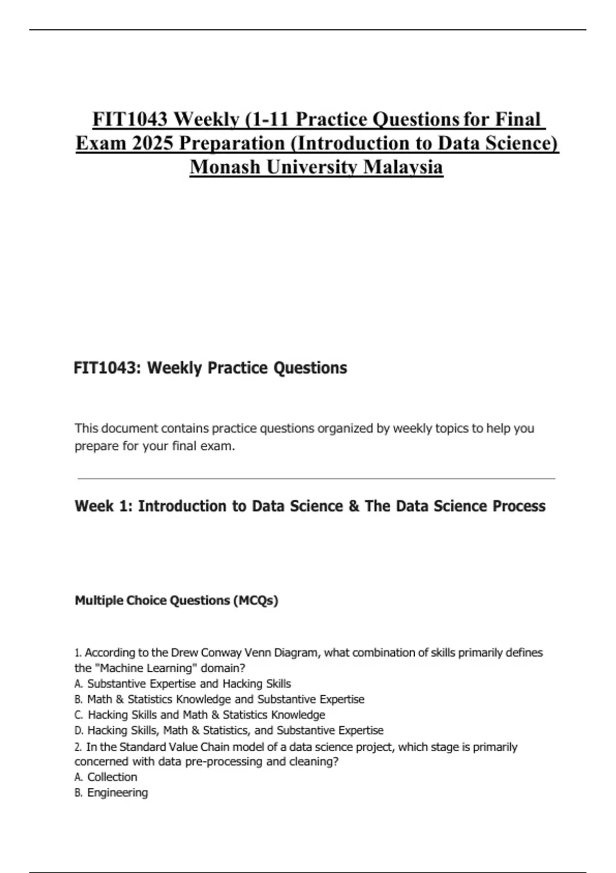 FIT1043 Weekly (1-11 Practice Questions for Final Exam 2025 Preparation ...