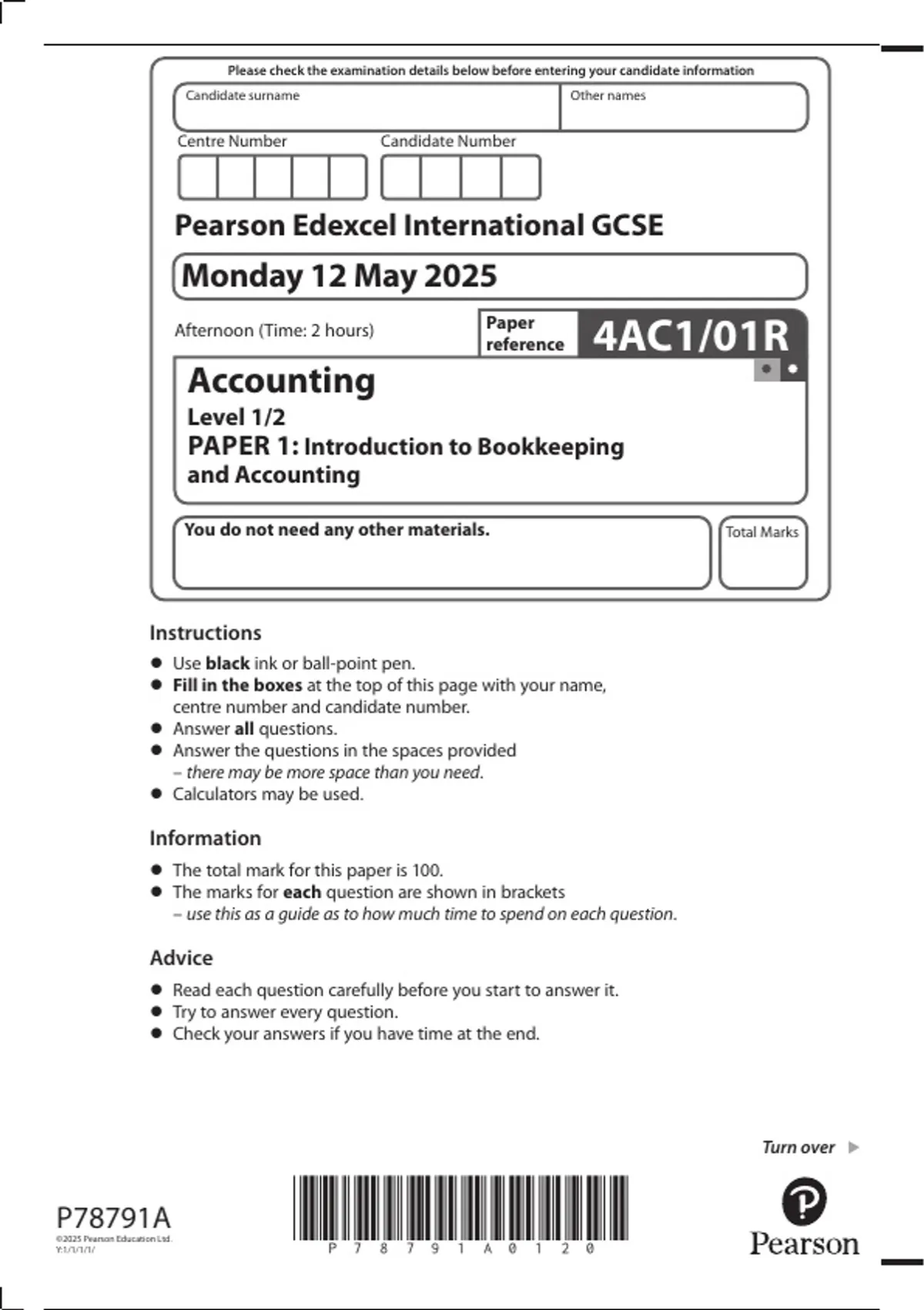Pearson Edexcel IGCSE Accounting Level 1/2 PAPER 1 & 2 JUNE 2025 QUESTION PAPER AND MARK SCHEME ...