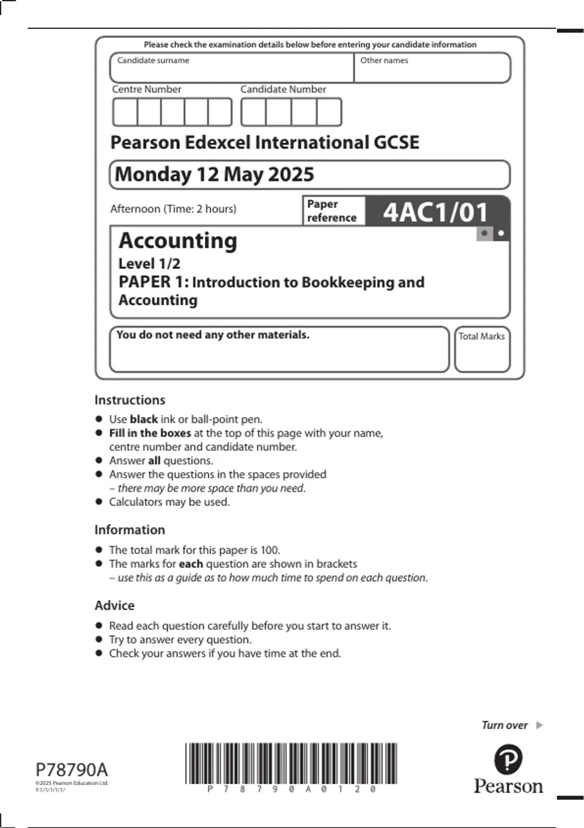 Pearson Edexcel International GCSE Accounting Level 1/2 PAPER 1 JUNE ...