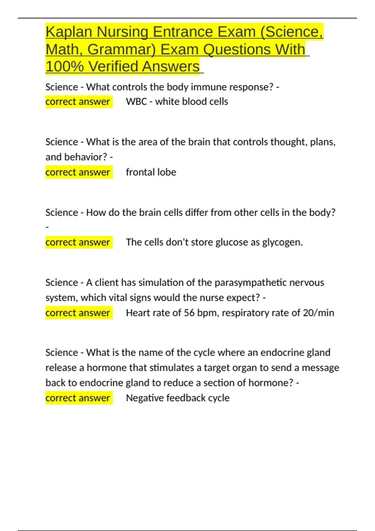 Kaplan Nursing Entrance Exam (Science, Math, Grammar) Exam Questions ...