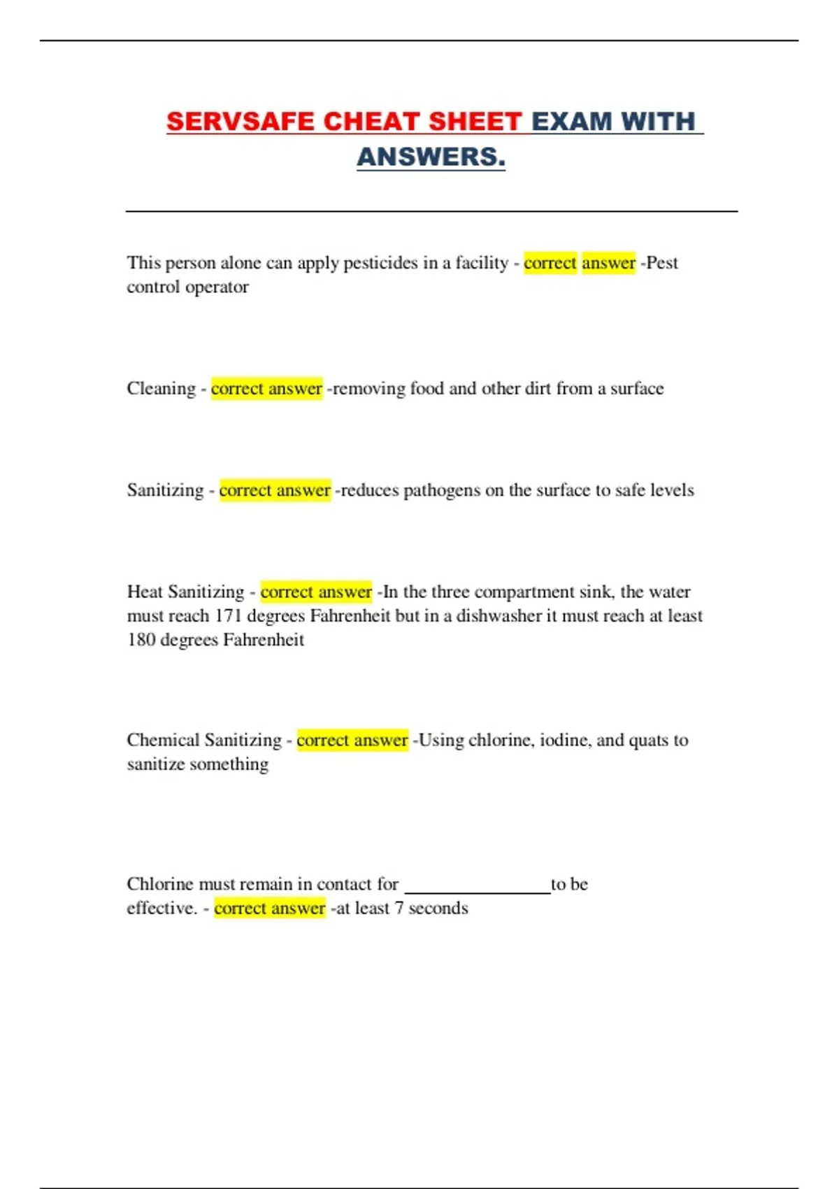 ServSafe Exam Cheat Sheet with Answers – Complete Food Safety Review ...