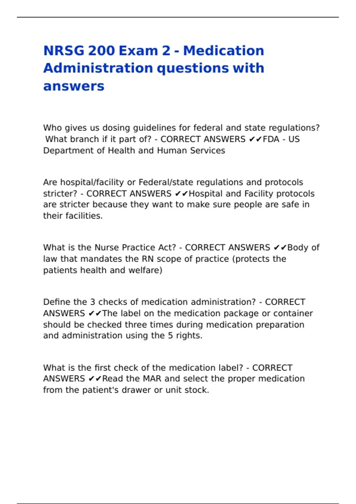 NRSG 200 Exam 2 - Medication Administration questions with answers ...